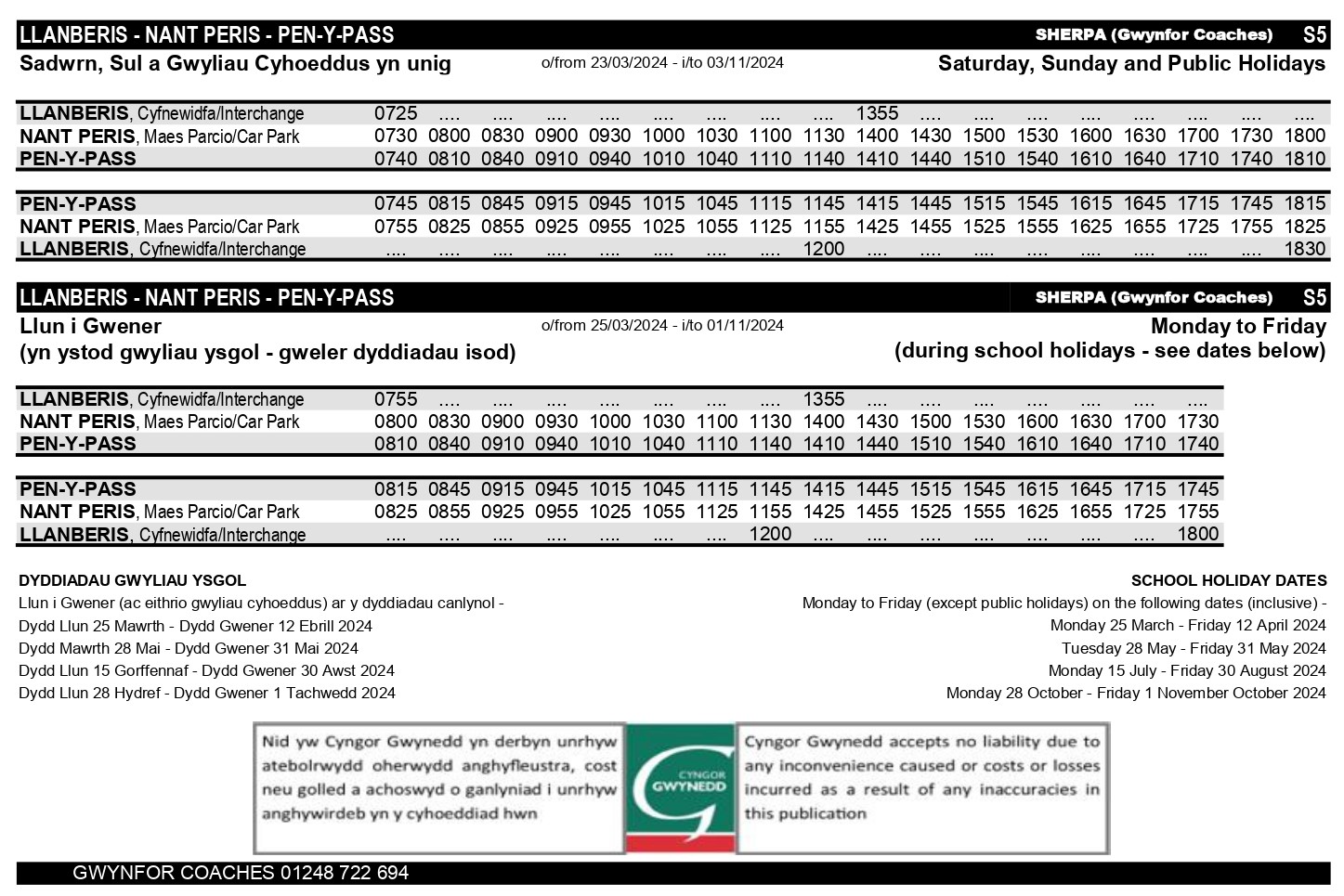 (OLD) High Season Sherpa bus timetables - Snowdon (Yr Wyddfa) Info